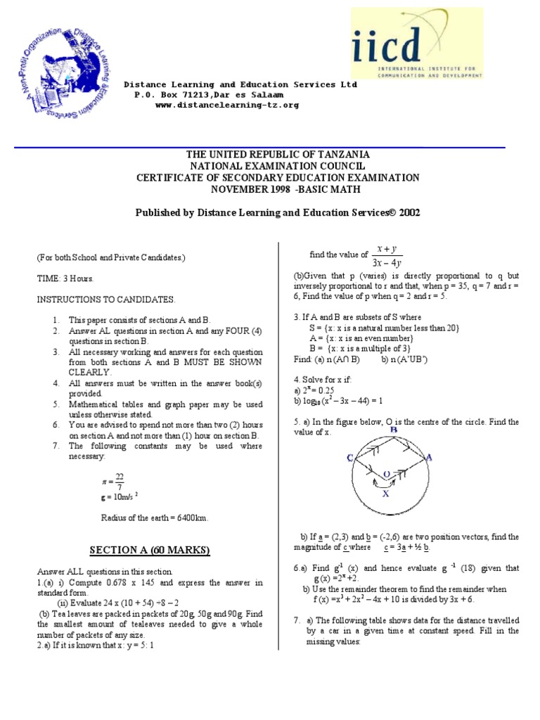 Mathematics Csee 1998 | PDF | Speed | Matrix (Mathematics)