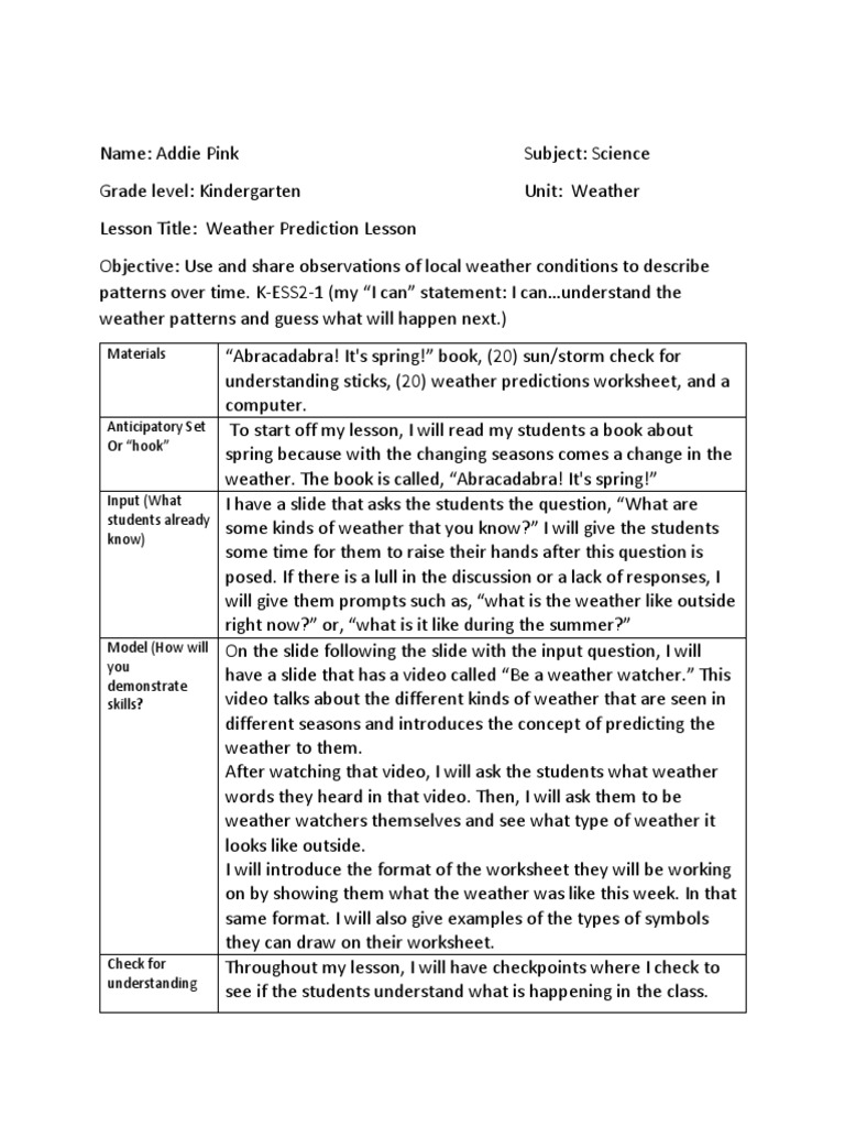 Addie Pink - Weather Lesson Plan | PDF | Weather | Cognitive Psychology