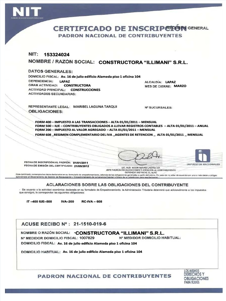 Wiac - Info PDF Certificado D Inscri Nit PR | PDF