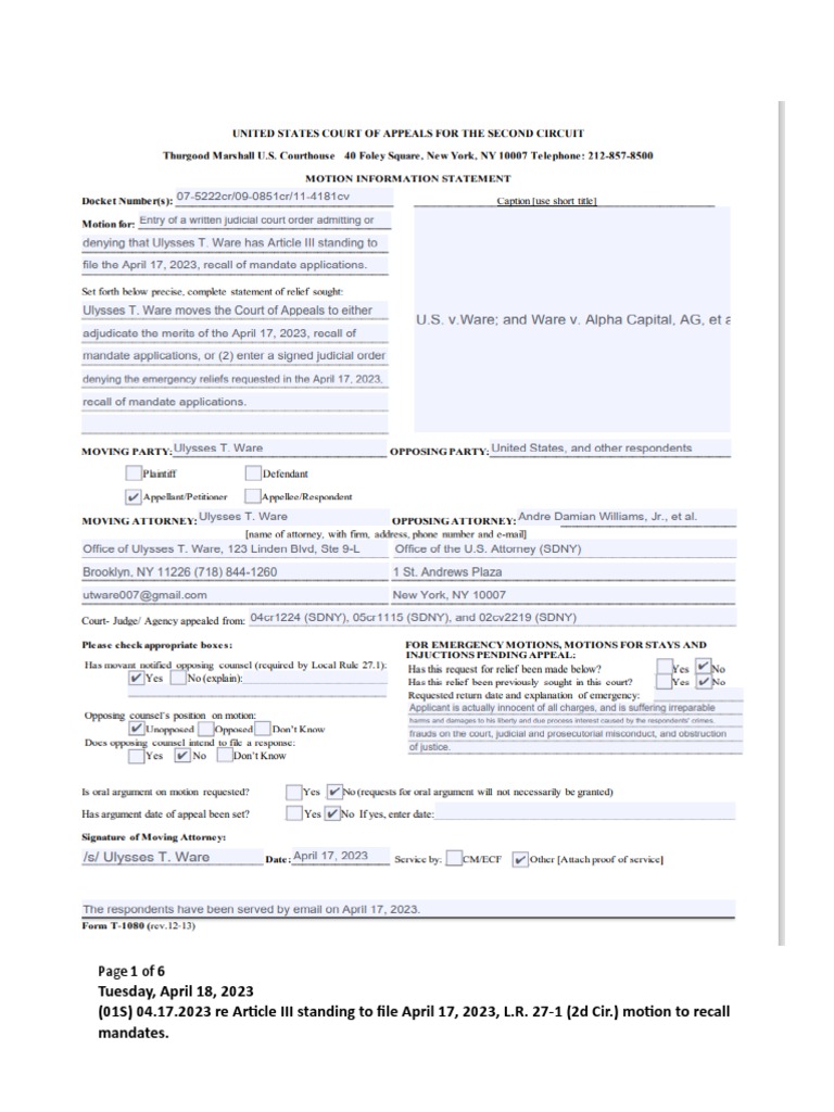 04.18.23 Re Form T-1080 and Memorandum of Law | PDF | United States ...
