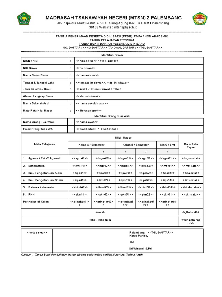 Blangko Bukti Daftar Dan Rekap Nilai Rapor Siswa PMPA 23 | PDF