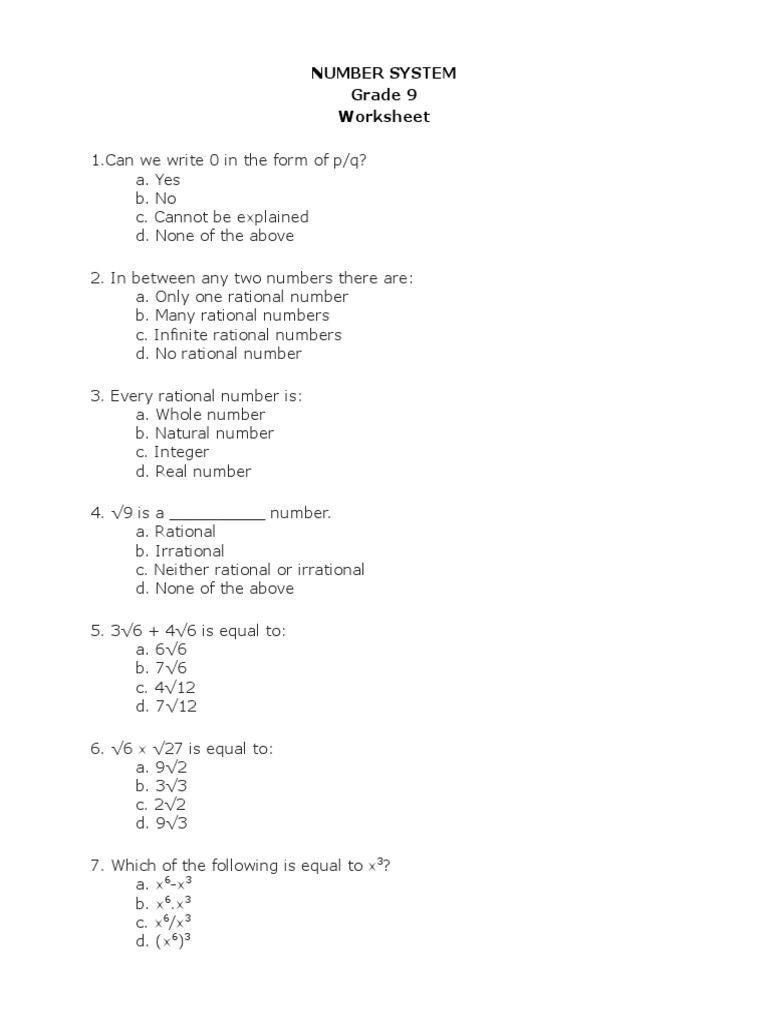 Rational and Irrational Numbers: A Grade 9 Math Worksheet | PDF