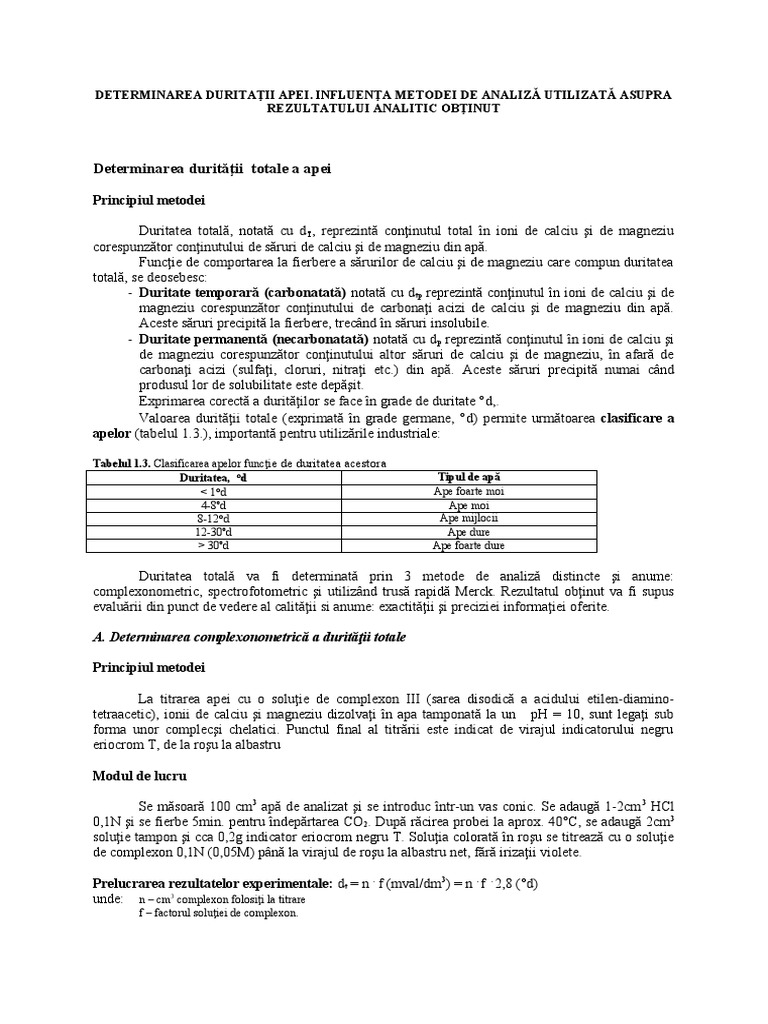 Determinarea Duritatii Apei Utilizand Metode Diferite de Analiza | PDF