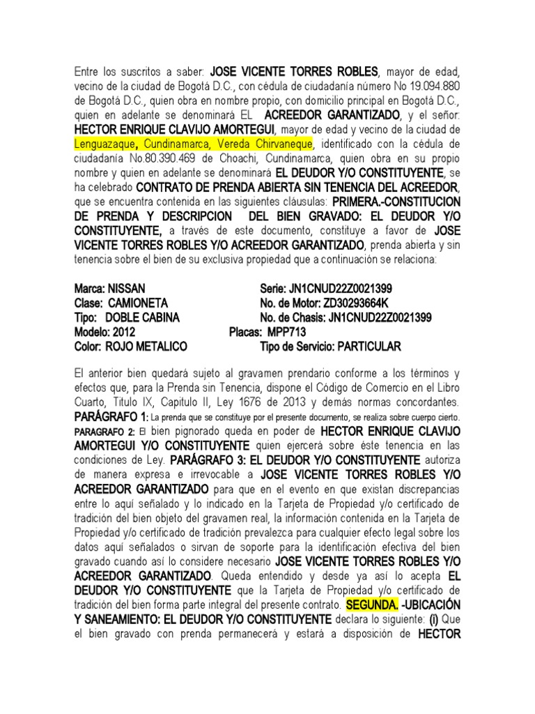 Contrato Pignoracion Vehiculo | PDF | Pagos | Dinero