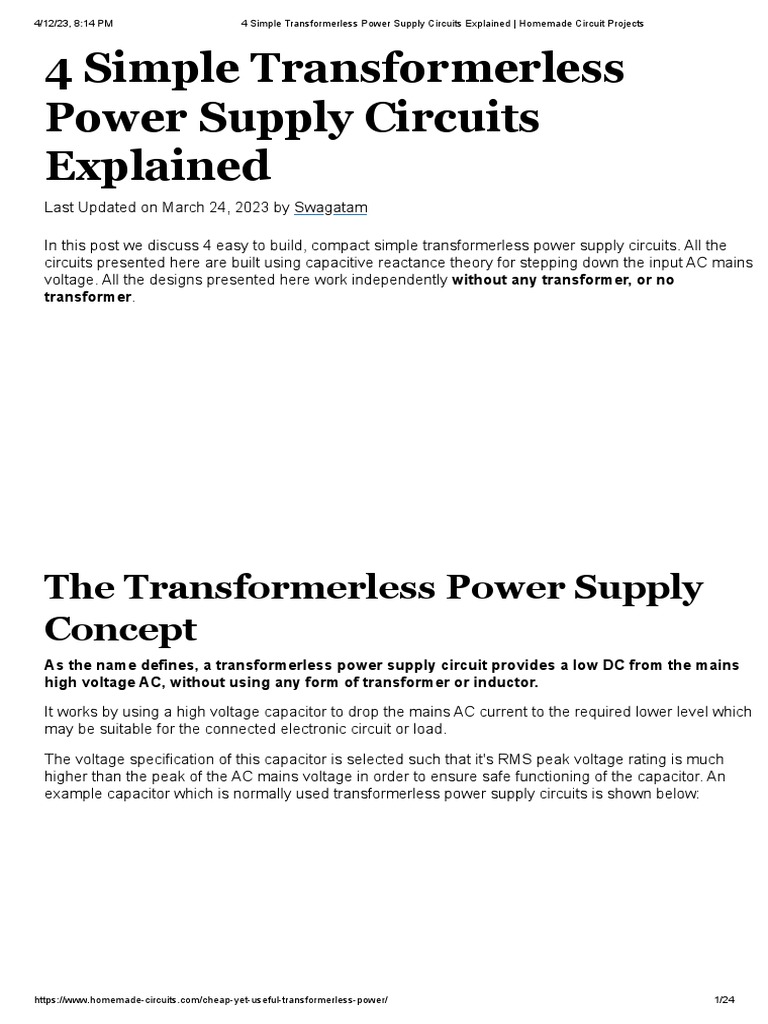 Simple Transformerless Power Supply Circuits | PDF | Rectifier | Power ...