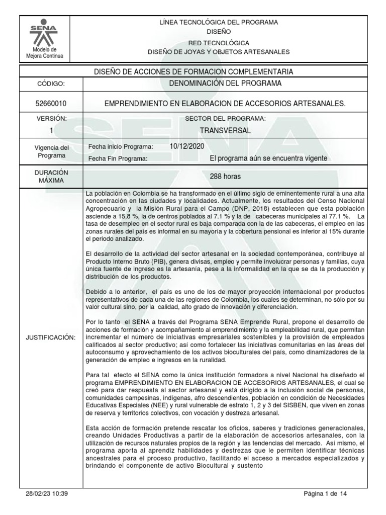 Informe Programa de Formación Complementaria Emprendimiento en Elaboracion de Accesorios ...