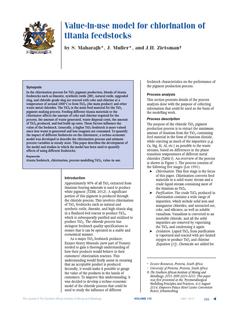 Value-In-Use Model For Chlorination of Titania Feedstocks | PDF ...