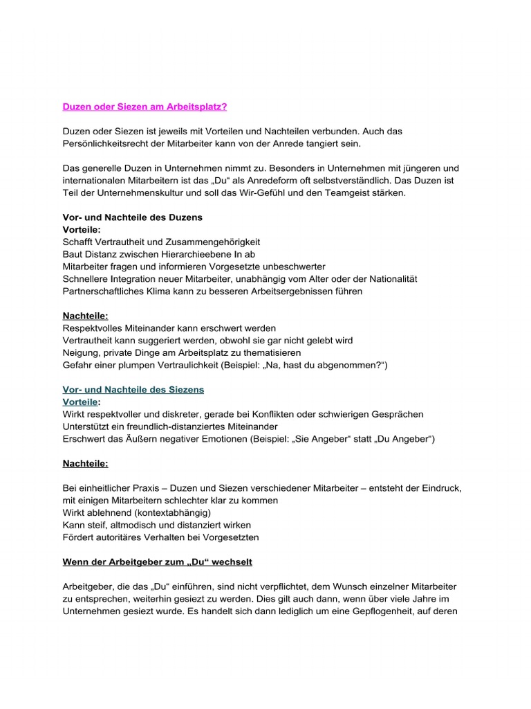 Duzen Oder Siezen Am Arbeitsplatz | PDF