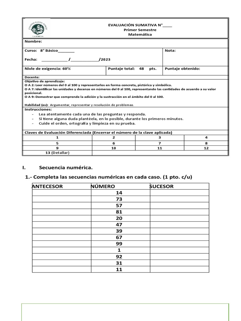 Prueba Matemática 2 Basico (2023) | PDF
