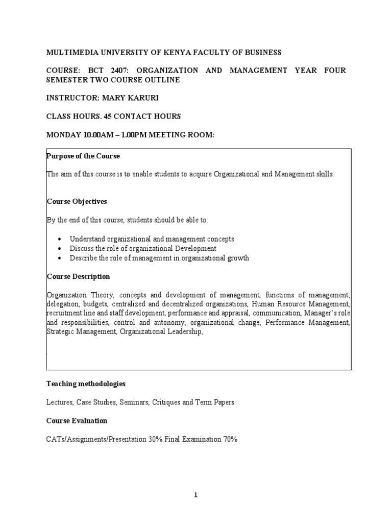 BCT2407 Y4s2 - Organization & Management Course Outline 2023. | PDF ...