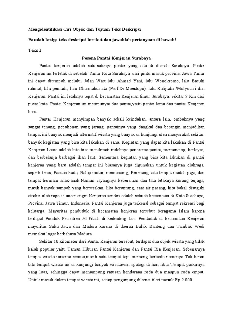 Tugas 1 B. Indo Mengidentifikasi Ciri Objek Dan Tujuan Teks Deskripsi | PDF
