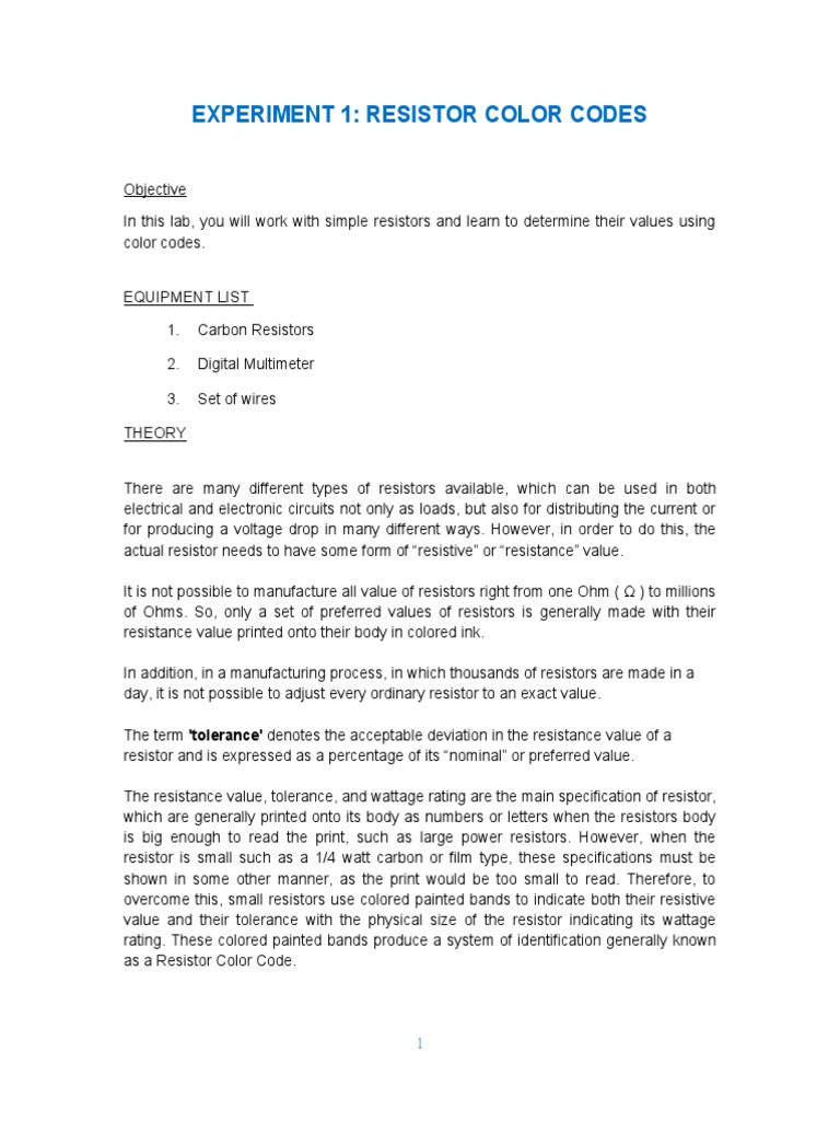 Experiment Resistor Color Codes Pdf Resistor Engineering Tolerance
