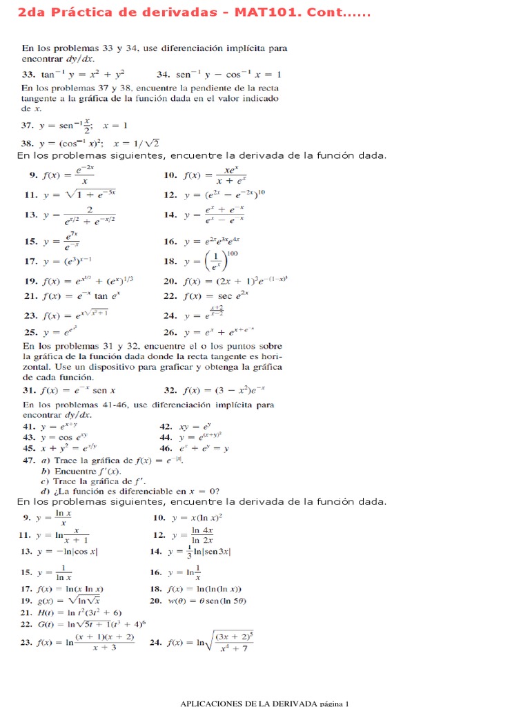 2da Práctica de Derivadas - MAT101. Cont | PDF
