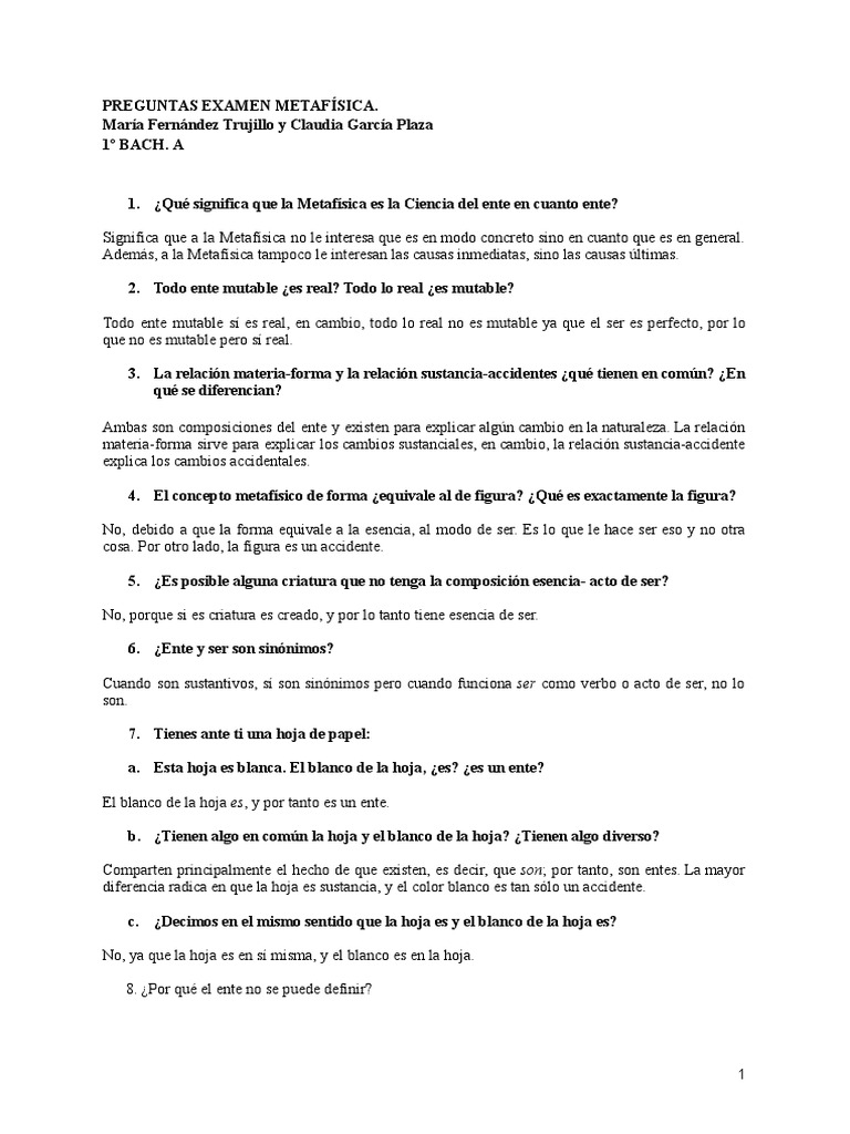 Preguntas Metafísica. | PDF | Teoría de sustancias | Metafísica