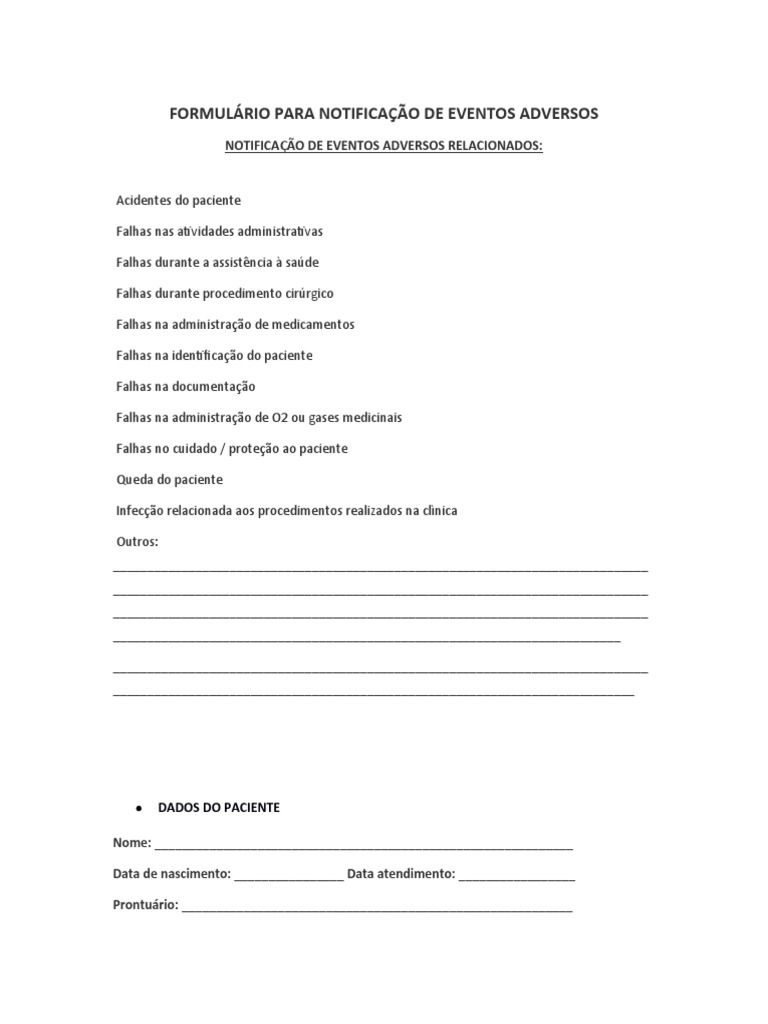 Formulário de Notificação de Evento Adverso | PDF | Histórico médico ... Formulário de Notificação de Evento Adverso | PDF | Histórico médico ...