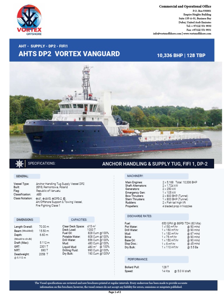 Vortex Vanguard AHTS DP2 Specifications | PDF | Water Transport | Ships