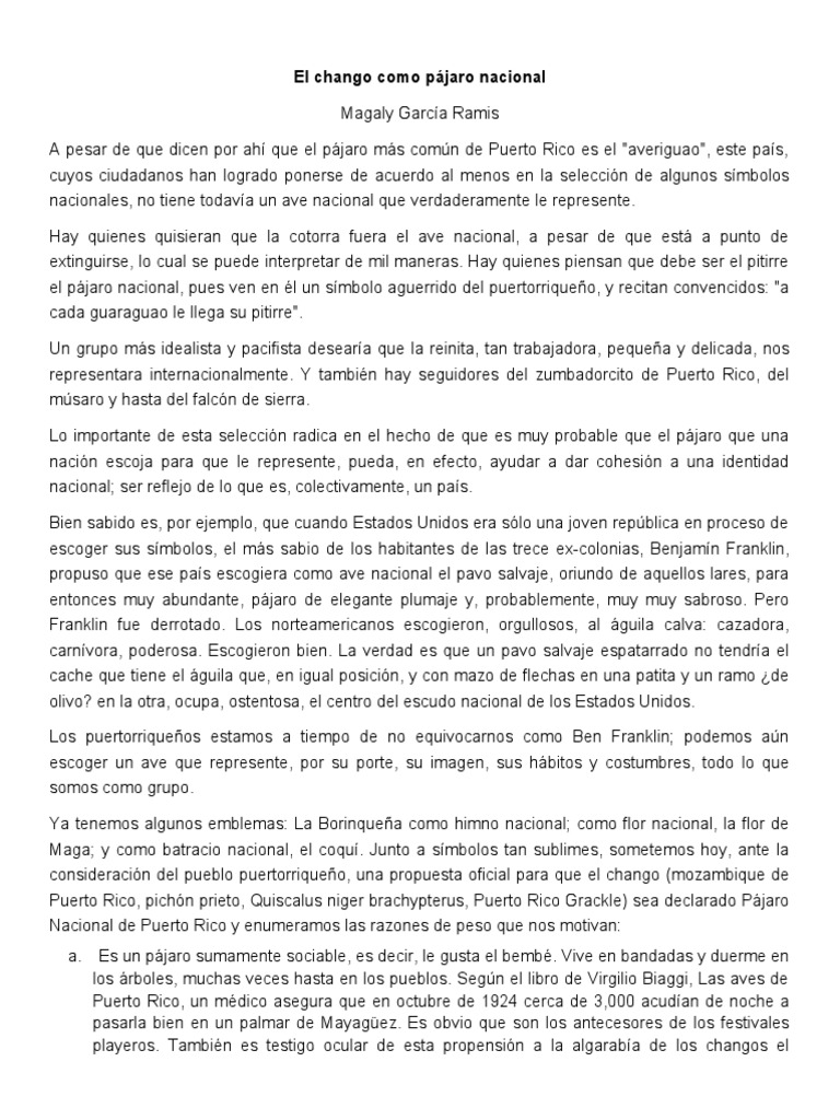El Chango Como Pájaro Nacional | PDF | Puerto Rico | Aves