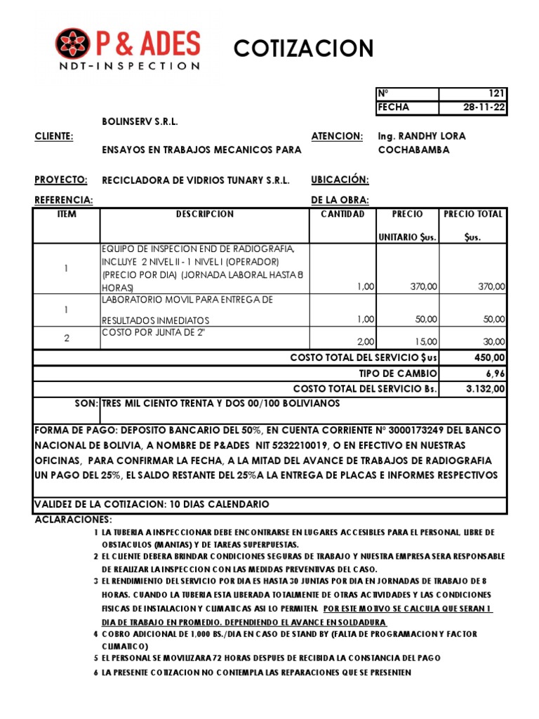 Cotizacion: Item Descripcion Cantidad Precio Unitario $us. Precio Total $us | PDF | Economias