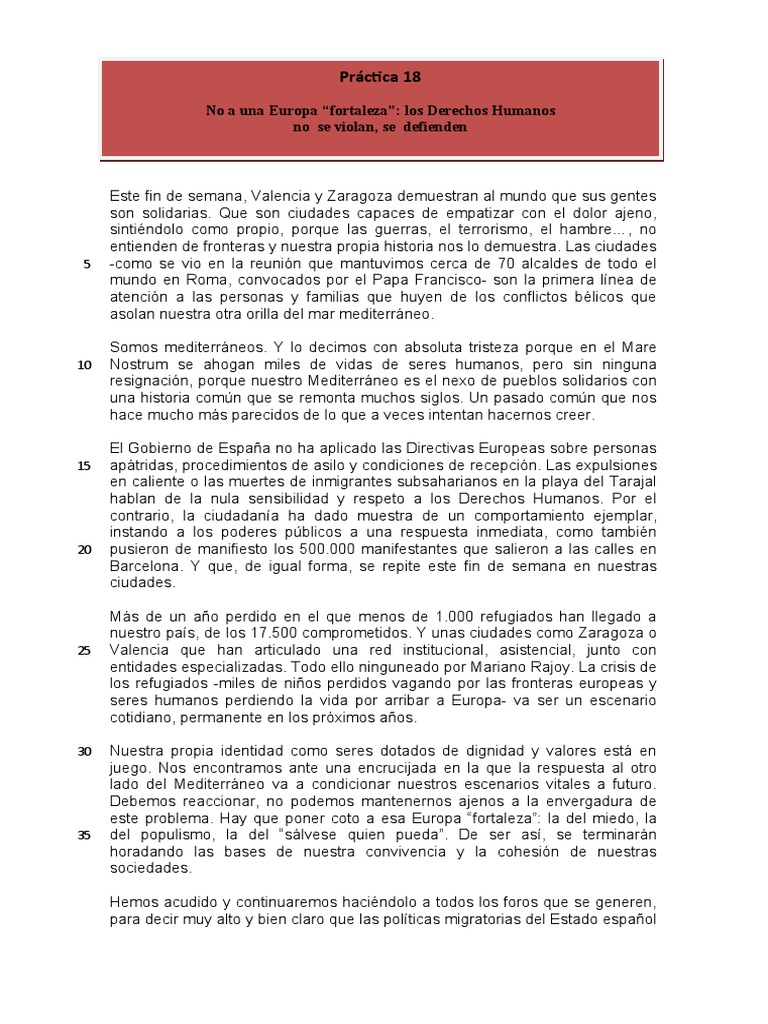 Práctica 18: No A Una Europa "Fortaleza": Los Derechos Humanos No Se Violan, Se Defienden | PDF