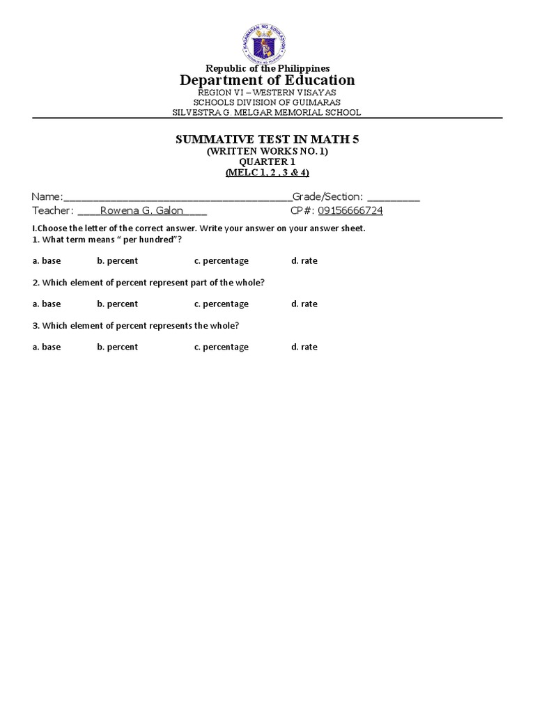 Math 5 Summative Test Quarter 1 | PDF