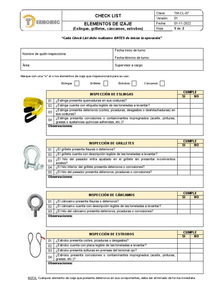 Check List De Canastilla Colgante Pdfcoffee Com/formato De Inspeccion