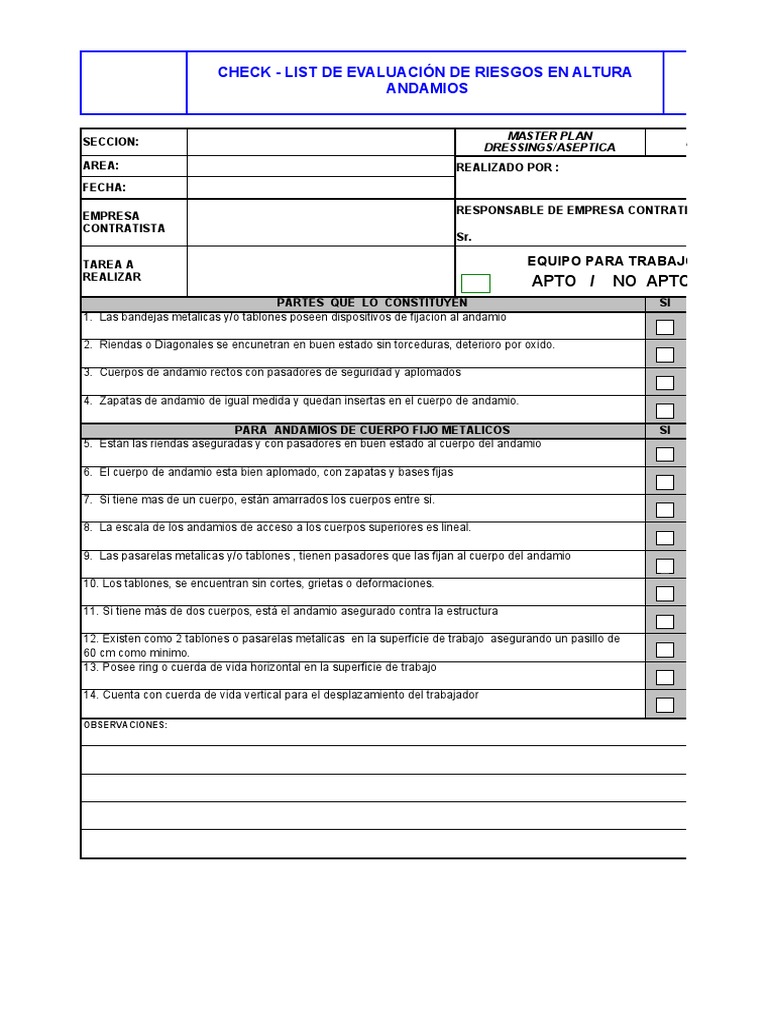 Check - List de Evaluación de Riesgos en Altura Andamios: Apto / No ...