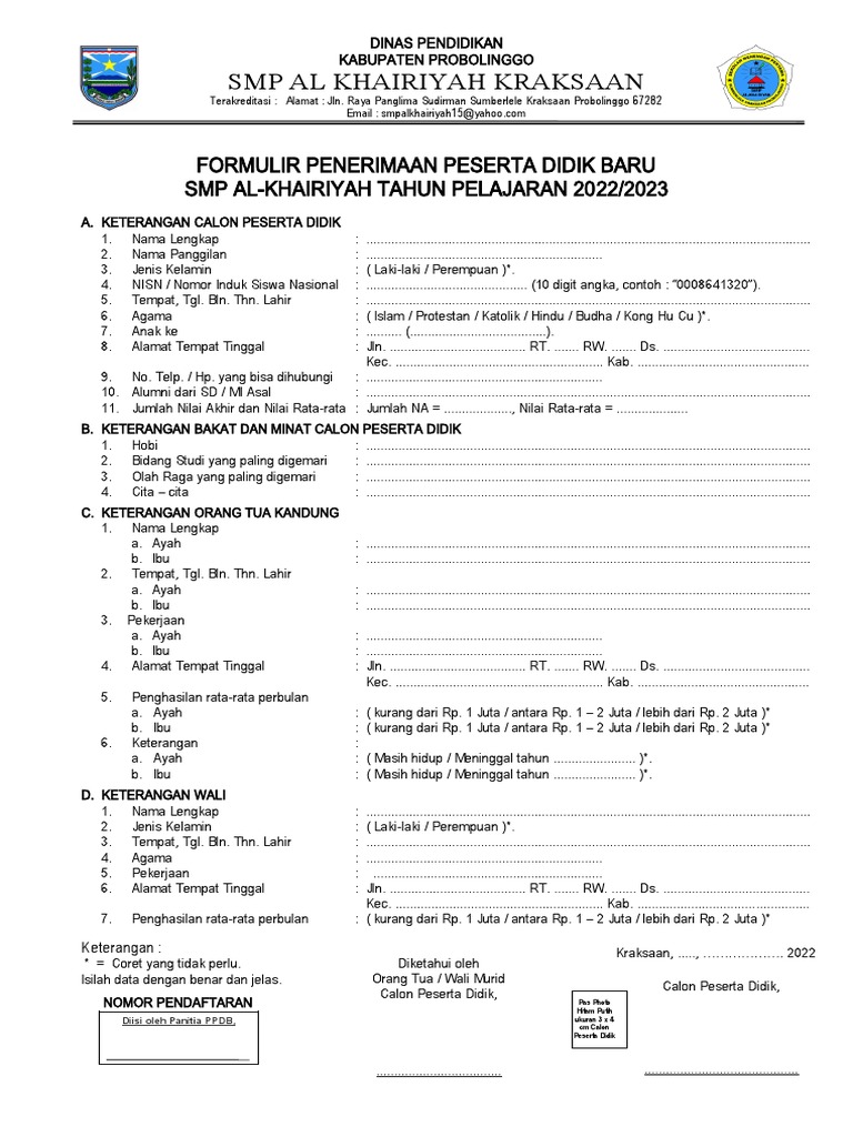 Formulir PPDB 2022 SMP Alkhairiyah | PDF