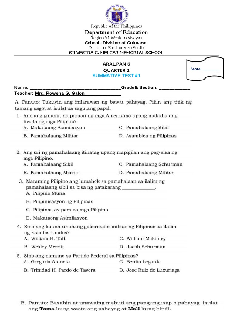 AP Q2 and 3 Summative Test | PDF