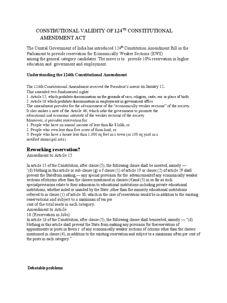 CONSTItUTIONAL VALIDITY OF 124TH CONSTITUTIONAL AMENDMENT ACT | PDF ...