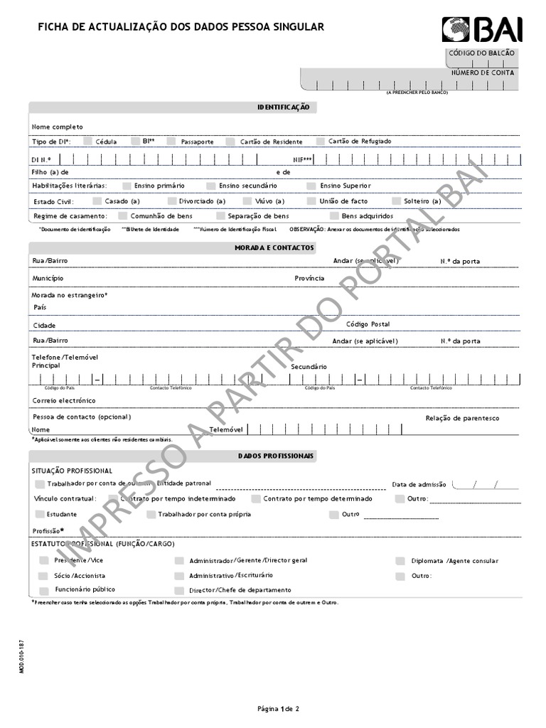 Ficha de Atualização de Conta BAI | PDF