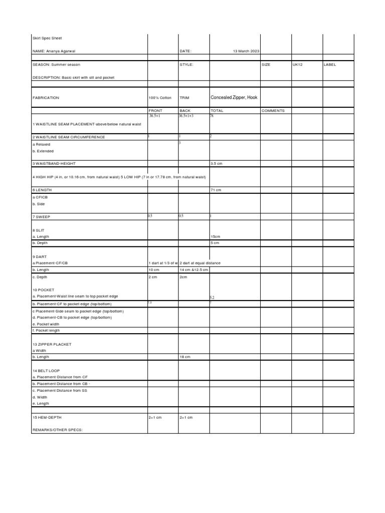 Summer Skirt Spec Sheet | PDF | Seam (Sewing) | Waist