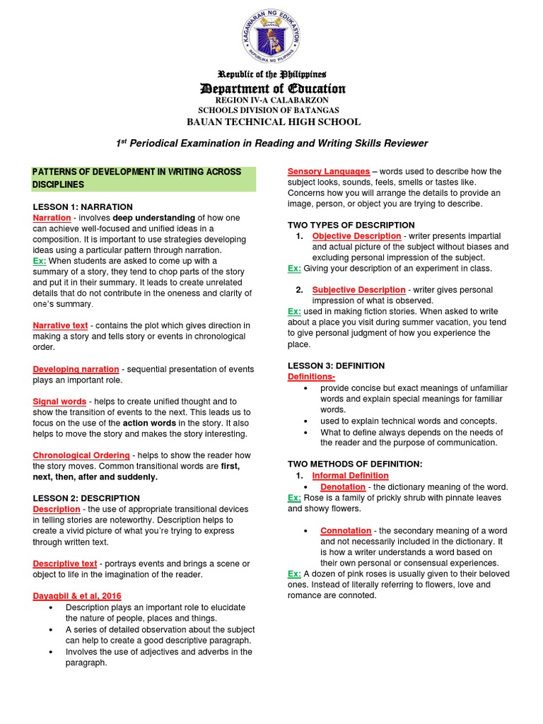 1st Periodical Exam in Reading and Writing Skills Reviewer | PDF ...