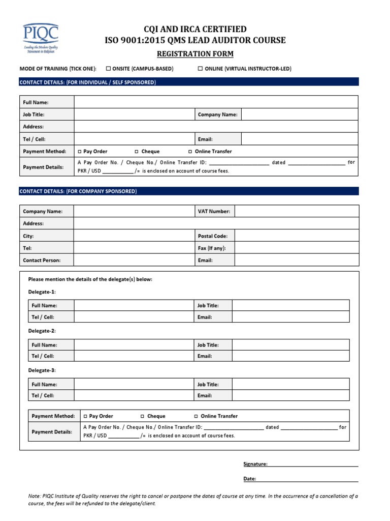 Course Registration Form - CQI-IRCA Certified ISO 9001-2015 QMS Lead Auditor | PDF | Business ...