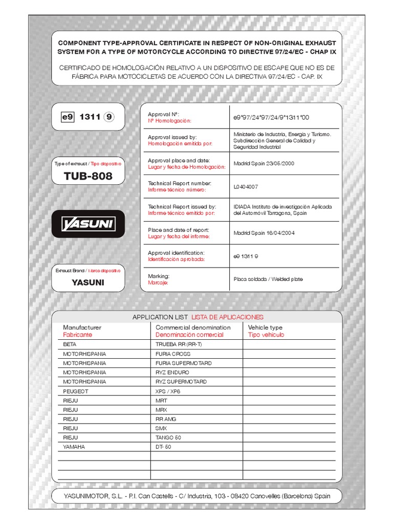 Component Type-Approval Certificate in Respect of Non-Original Exhaust ...