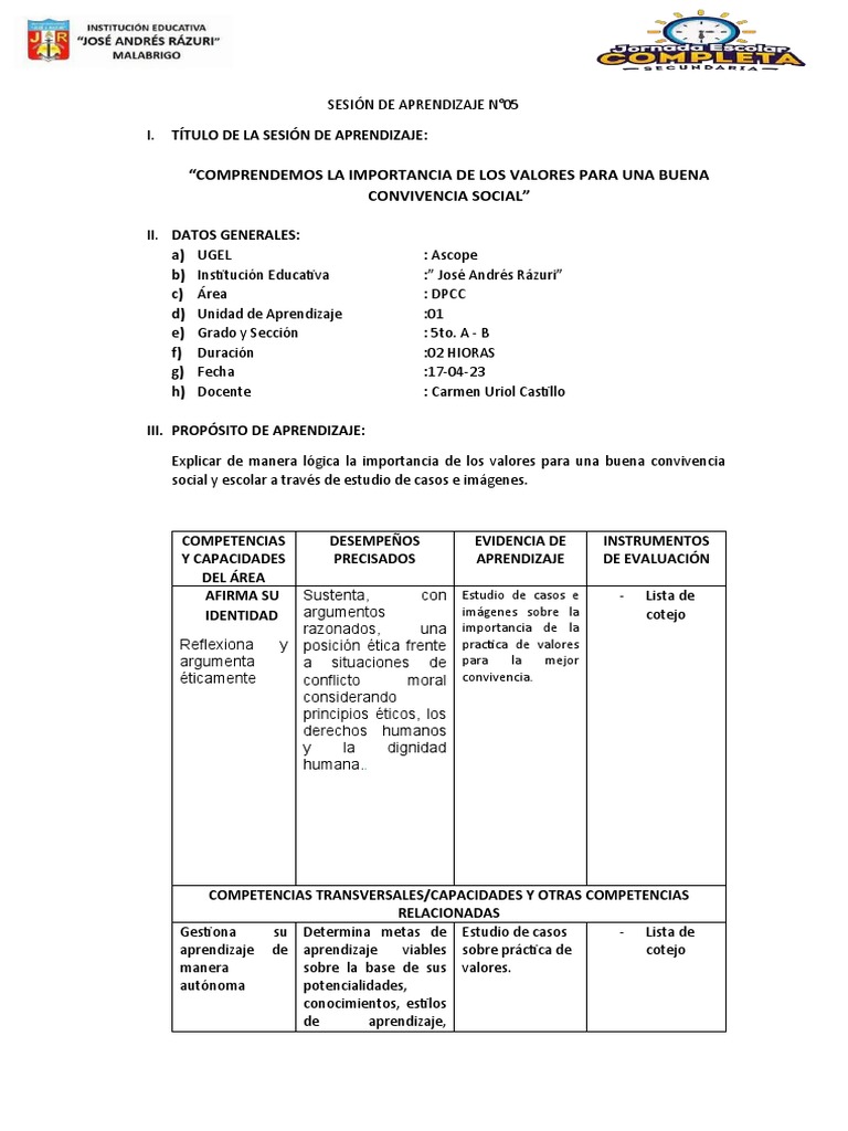 Sesión de Aprendizaje 5 | PDF | Aprendizaje | Maestros