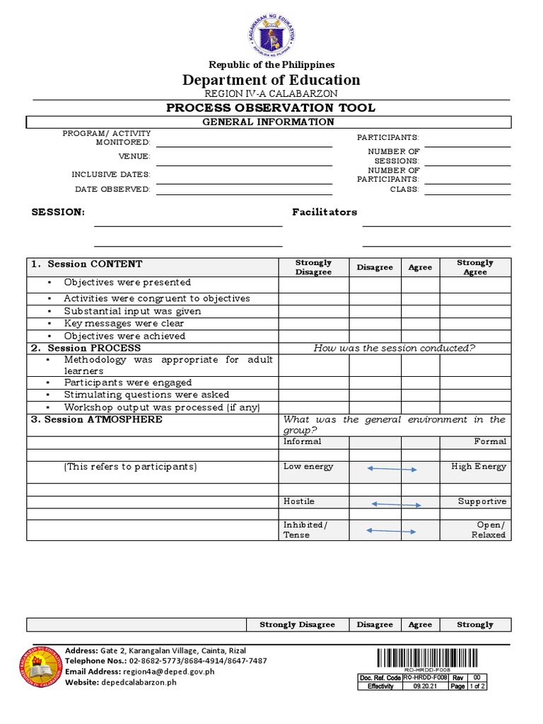 Department of Education: Process Observation Tool | PDF | Learning ...