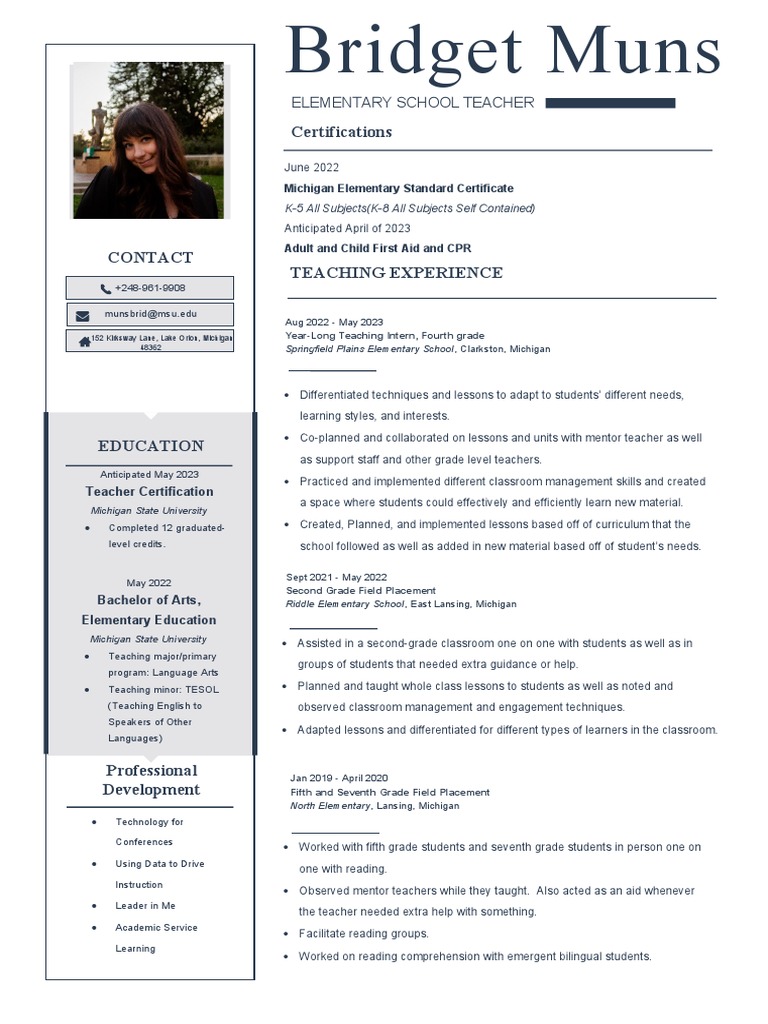 Bridget Muns Resume | PDF | Teachers | Classroom