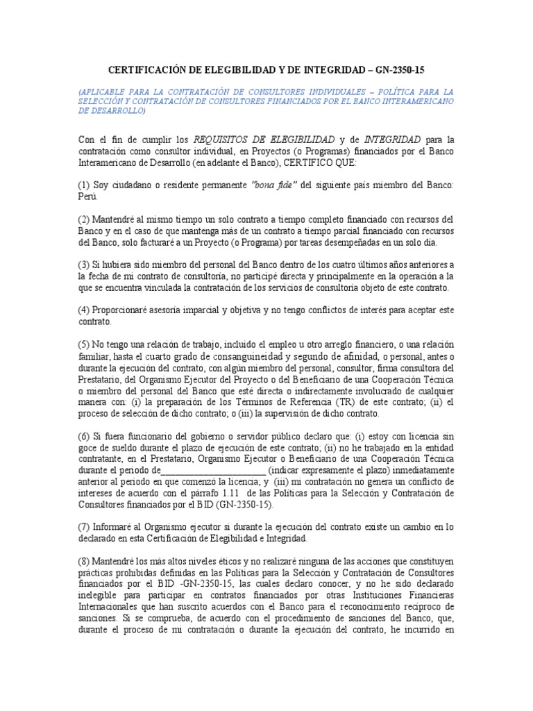 Certificación de Elegibilidad Y de Integridad - Gn-2350-15: Cuarto ...