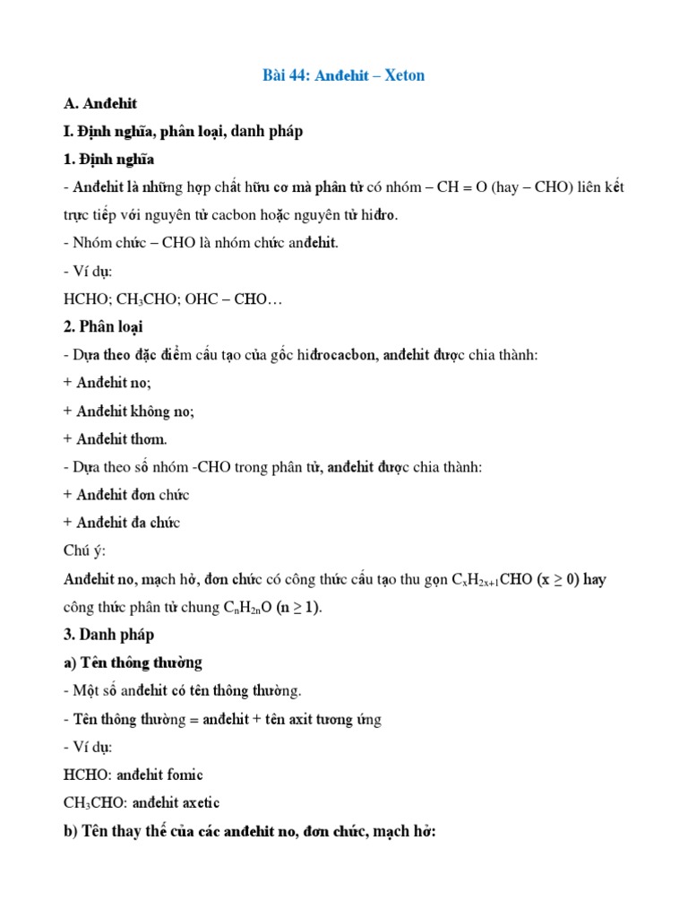 Ly Thuyet Andehit Xeton Hoa Hoc Lop 11 | PDF