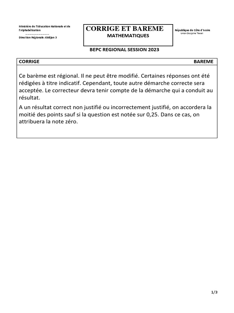 Corrigé BEPC Mathématiques 2023 | PDF | Mathématiques