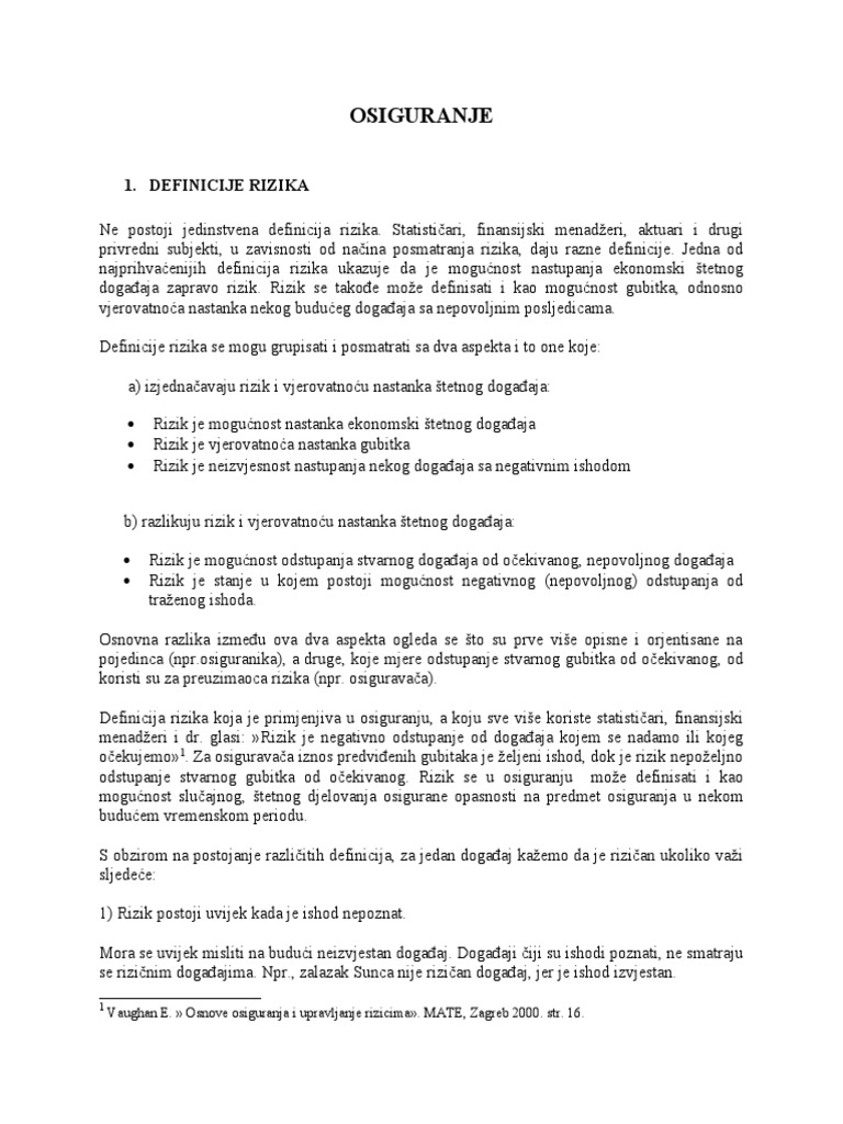 Osiguranje: 1. Definicije Rizika | PDF