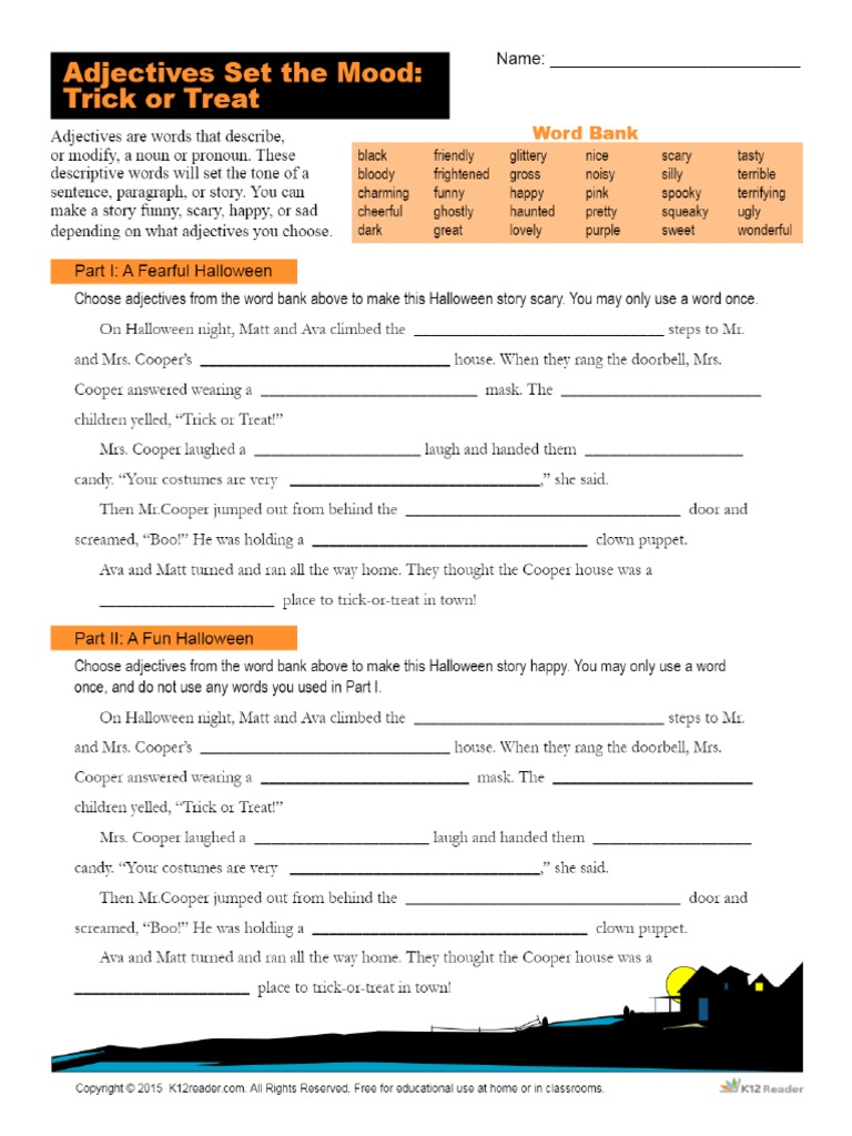 Halloween Adjectives Worksheet - Trick or Treat | PDF