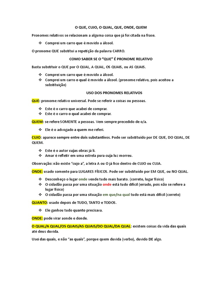 Uma explicação detalhada sobre os pronomes relativos em português: que ...
