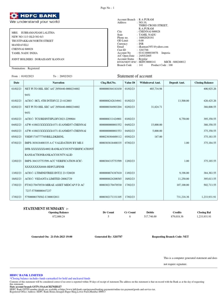 Statement of Account: Date Narration Chq./Ref - No. Value DT Withdrawal ...