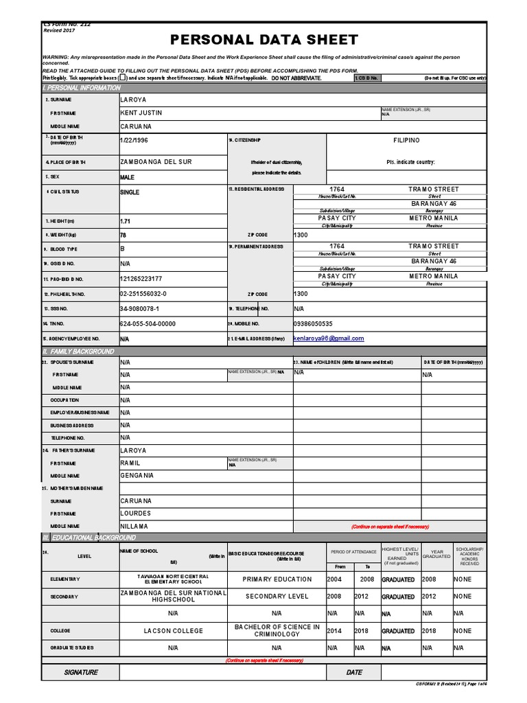Personal Data Sheet | PDF | Government