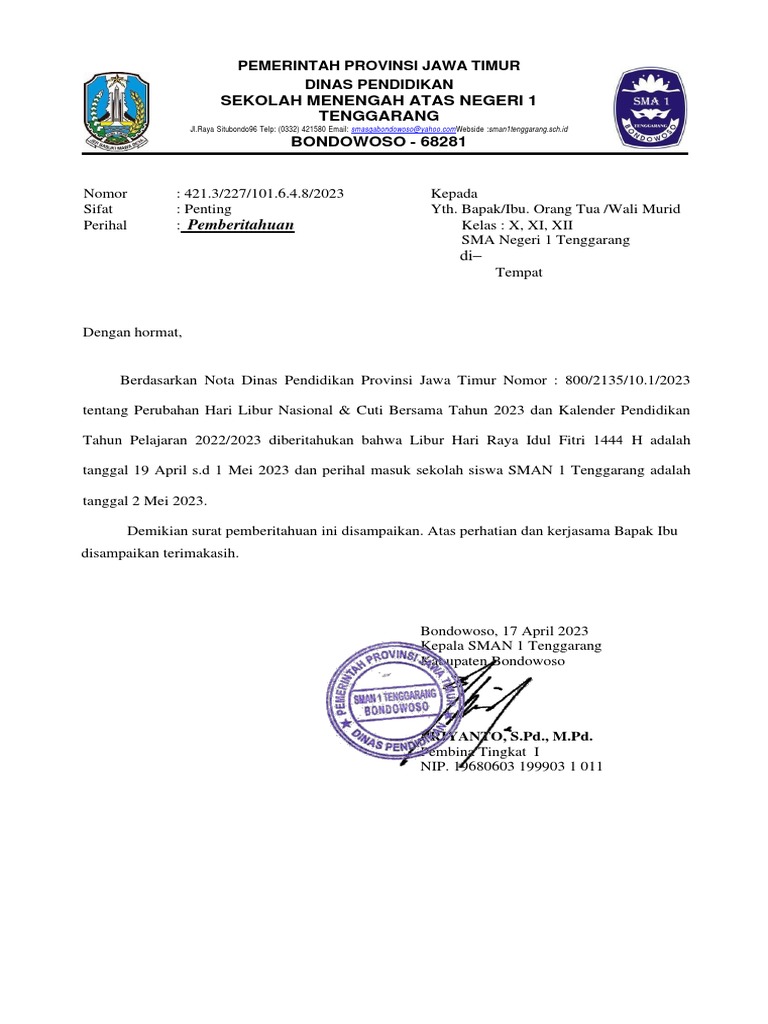 Surat Pemberitahuan Libur Hari Raya 2023-1 | PDF