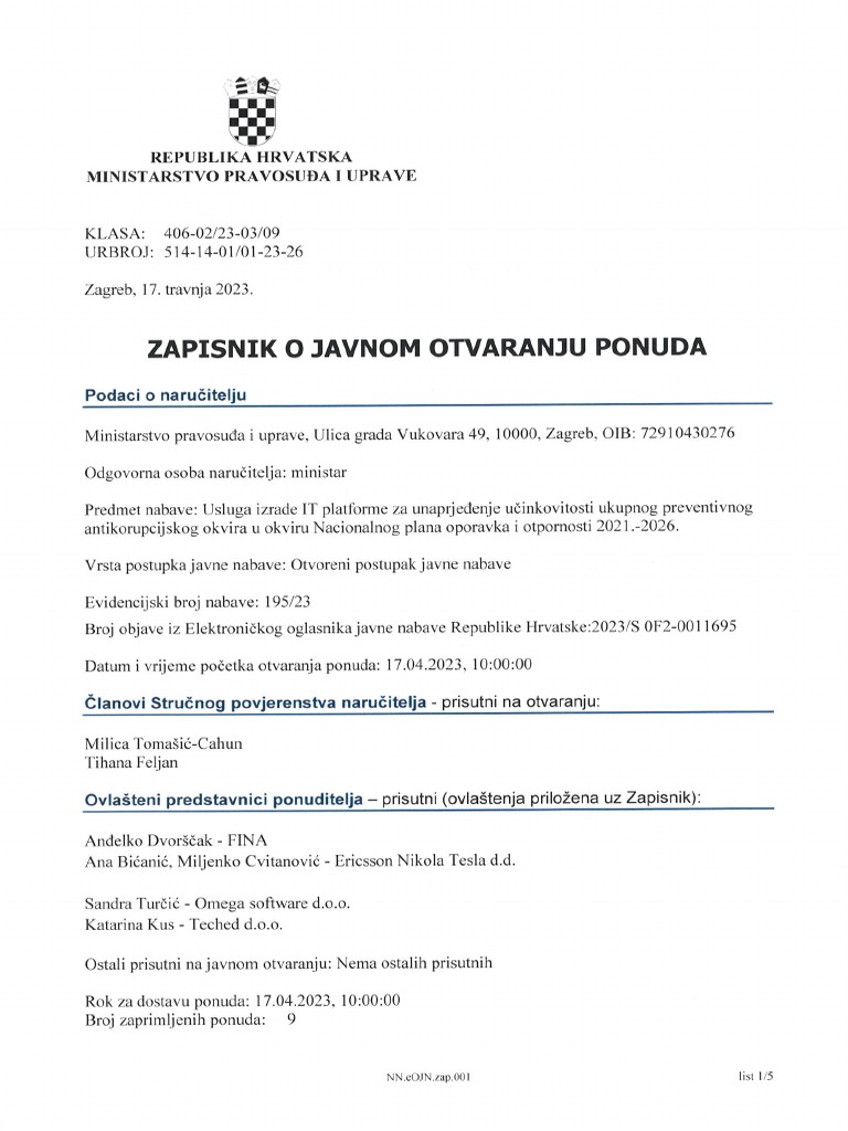 Zapisnik S Otvaranja Ponuda | PDF