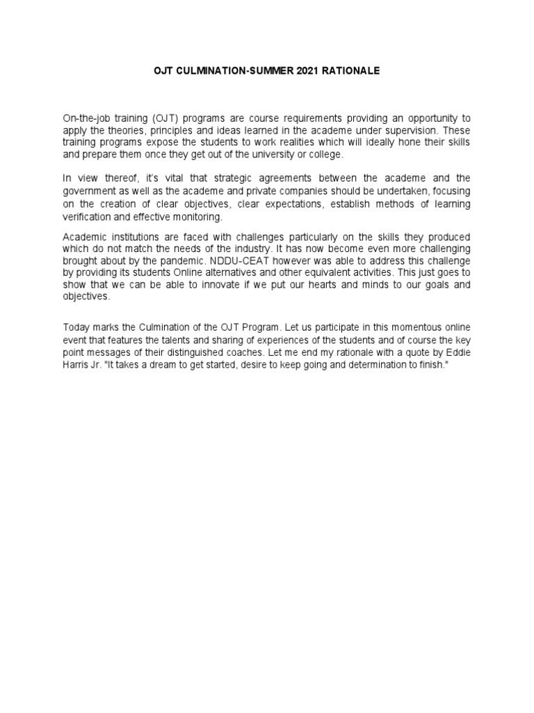 Ojt Culmination Rationale | PDF | Business