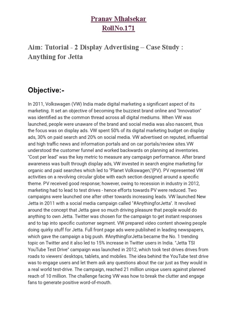 171 - Pranav Mhalsekar - Tutorial - 2 Display Advertising - Case Study - Anything For Jetta ...