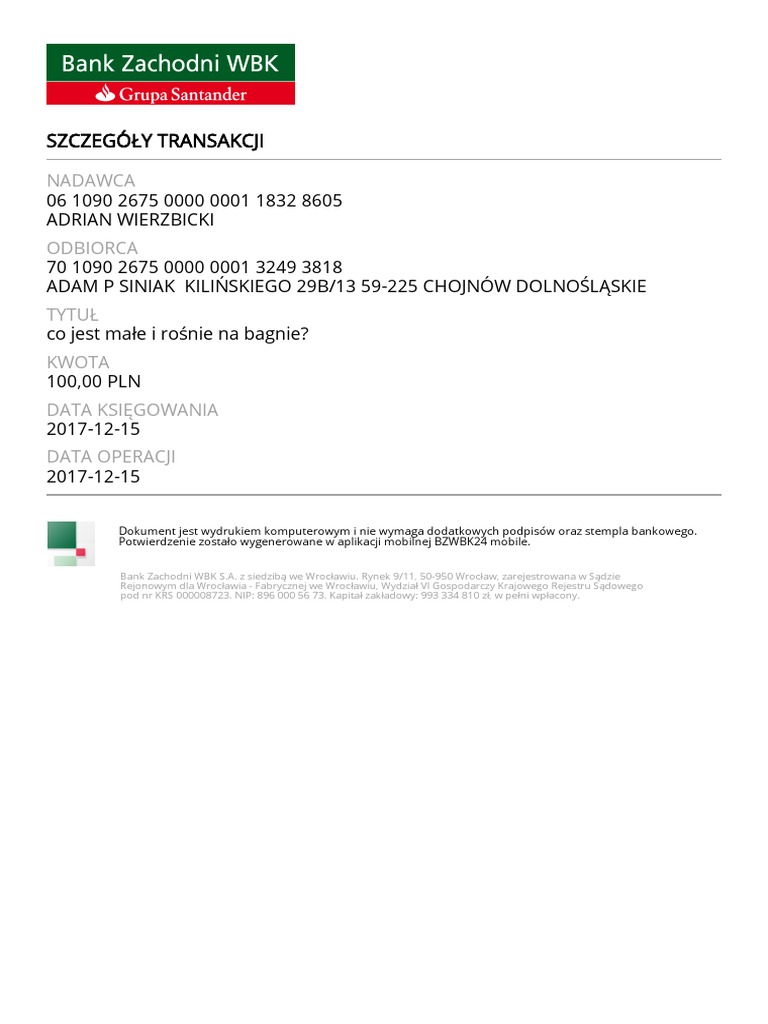 Szczegóły Transakcji: Nadawca | PDF